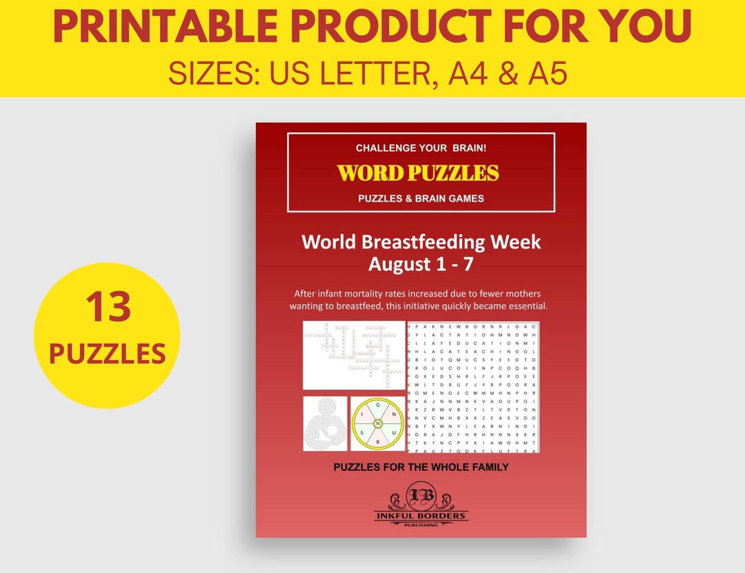 World Breastfeeding Week Word Puzzle Book - 13 Puzzles Instant Download ...