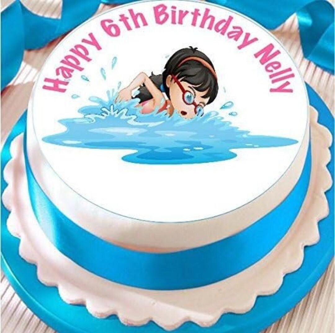 Digital Copy - Swimming Girl 7.5" (19cm) Round Cake Topper Decoration ...