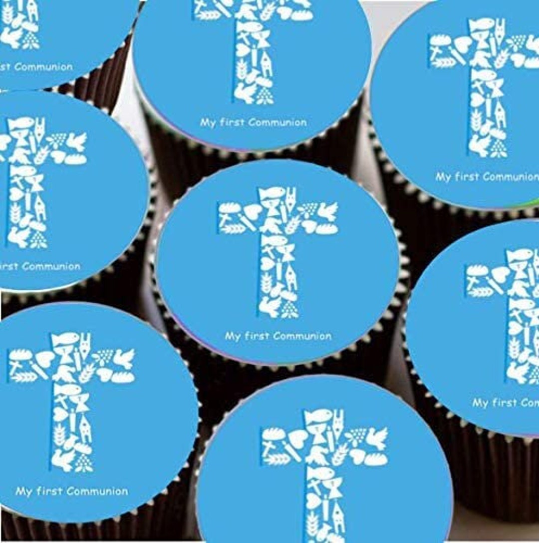 Boy's First Holy Communion Round Pre-cut Edible Cup Cake Topper ...