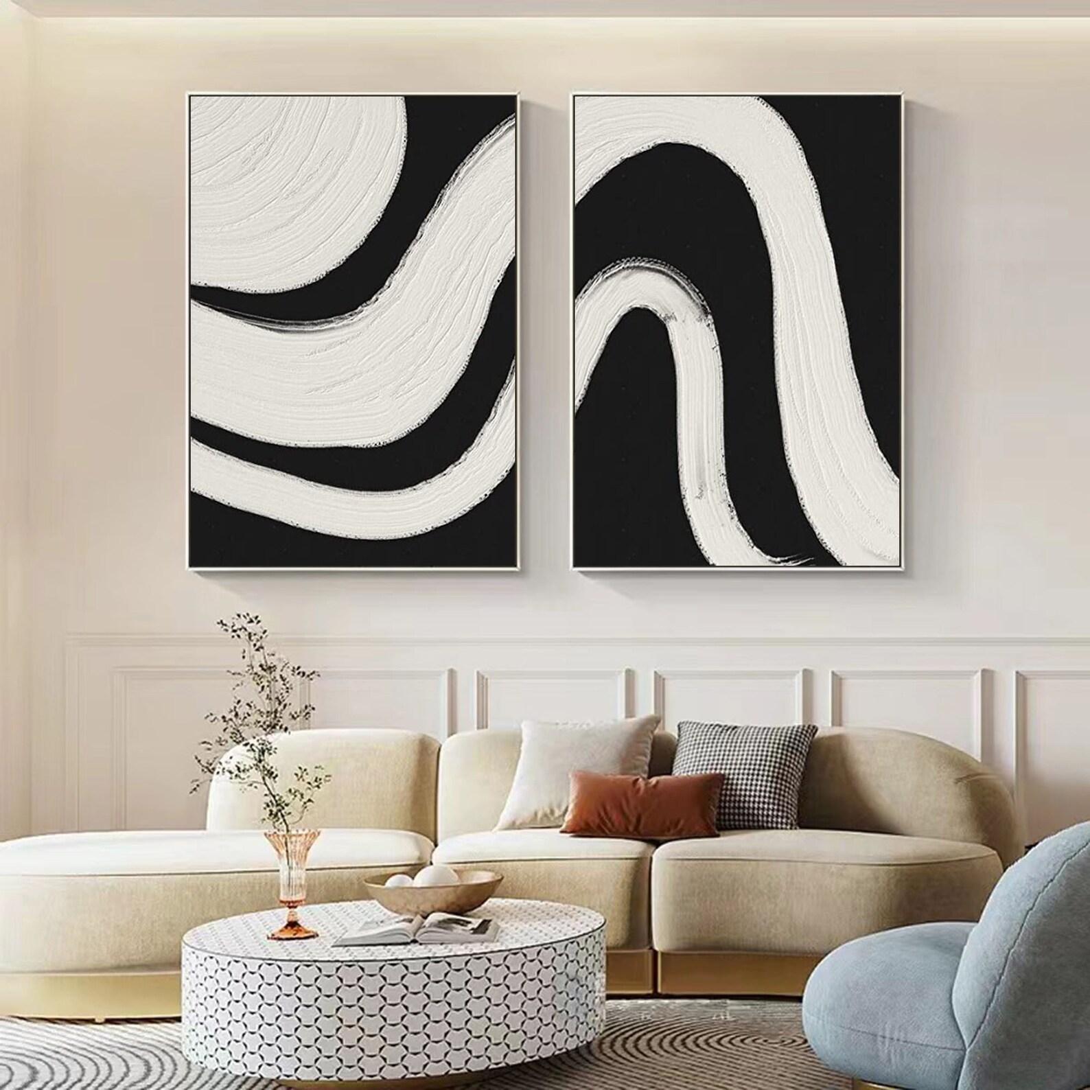 Black and White Minimalist Painting on Canvas Set of 2 Black - Etsy