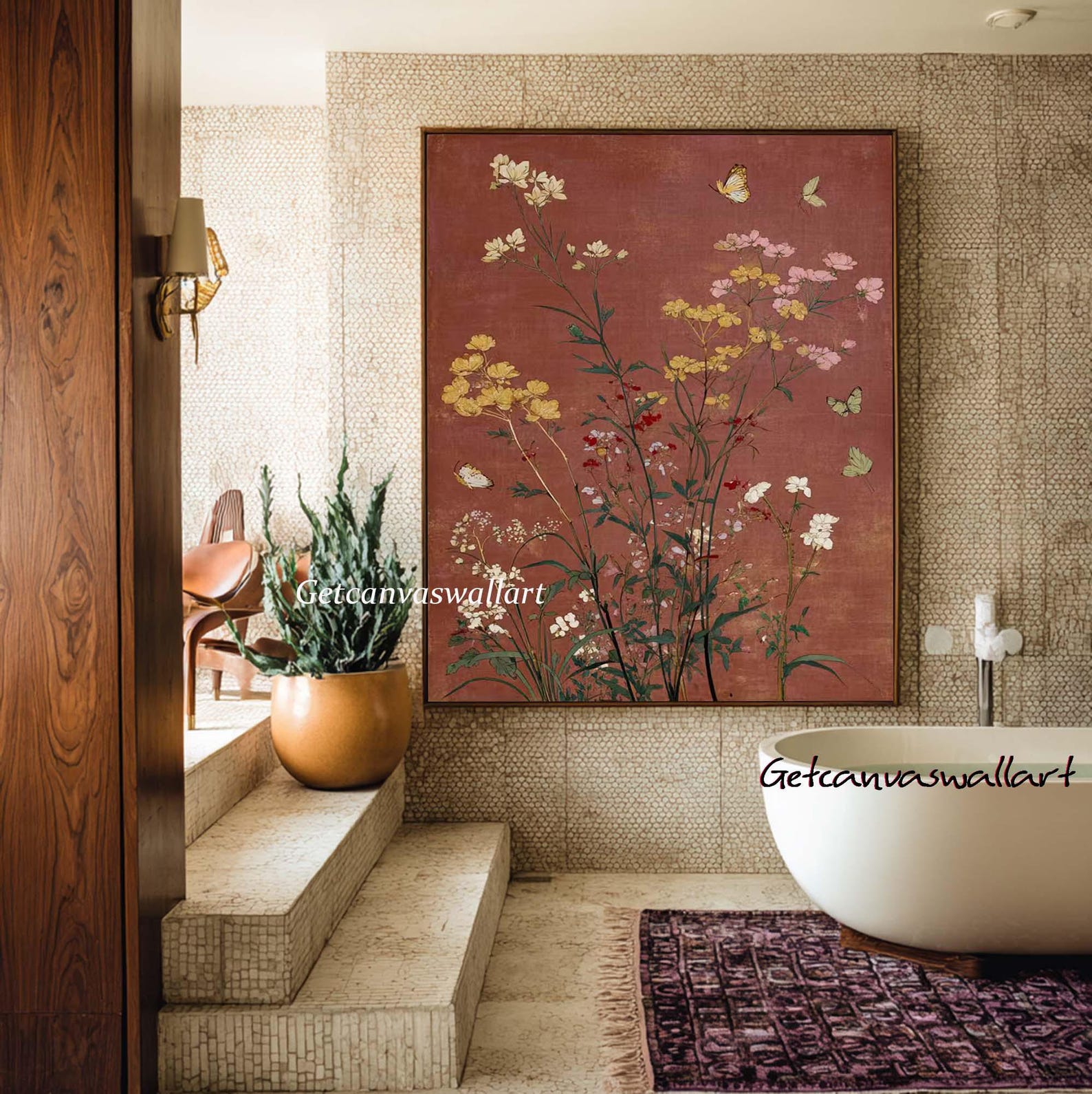 Vintage Abstract Floral Canvas Art Red Botanical Canvas Painting Large ...