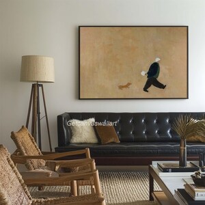 Abstract Papa & Puppy Oil Painting Larg Brown Wall Art Old Man Walking ...