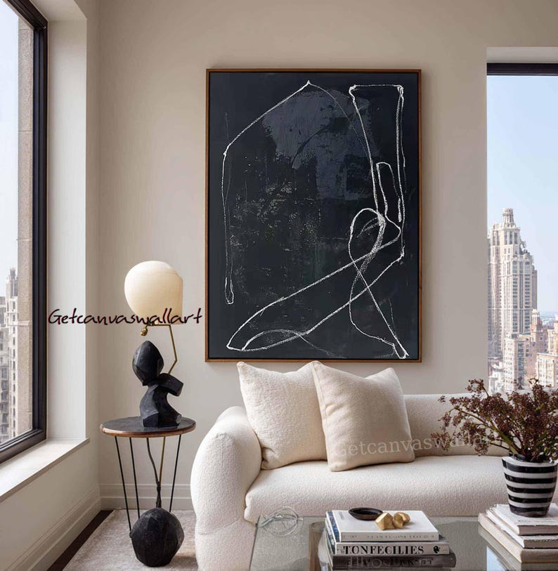 Large Black Abstract Line Oil Painting Textured Black and White Wall ...