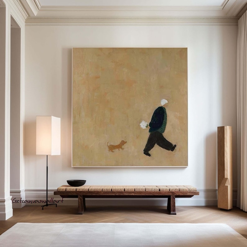 Abstract Papa & Puppy Oil Painting Larg Brown Wall Art Old Man Walking ...