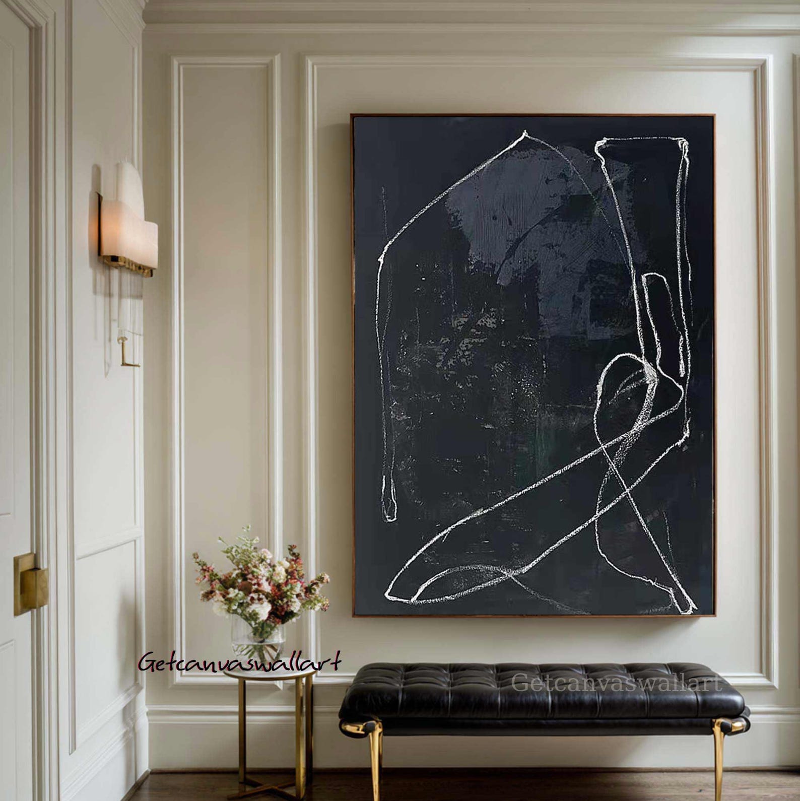 Large Black Abstract Line Oil Painting Textured Black and White Wall ...