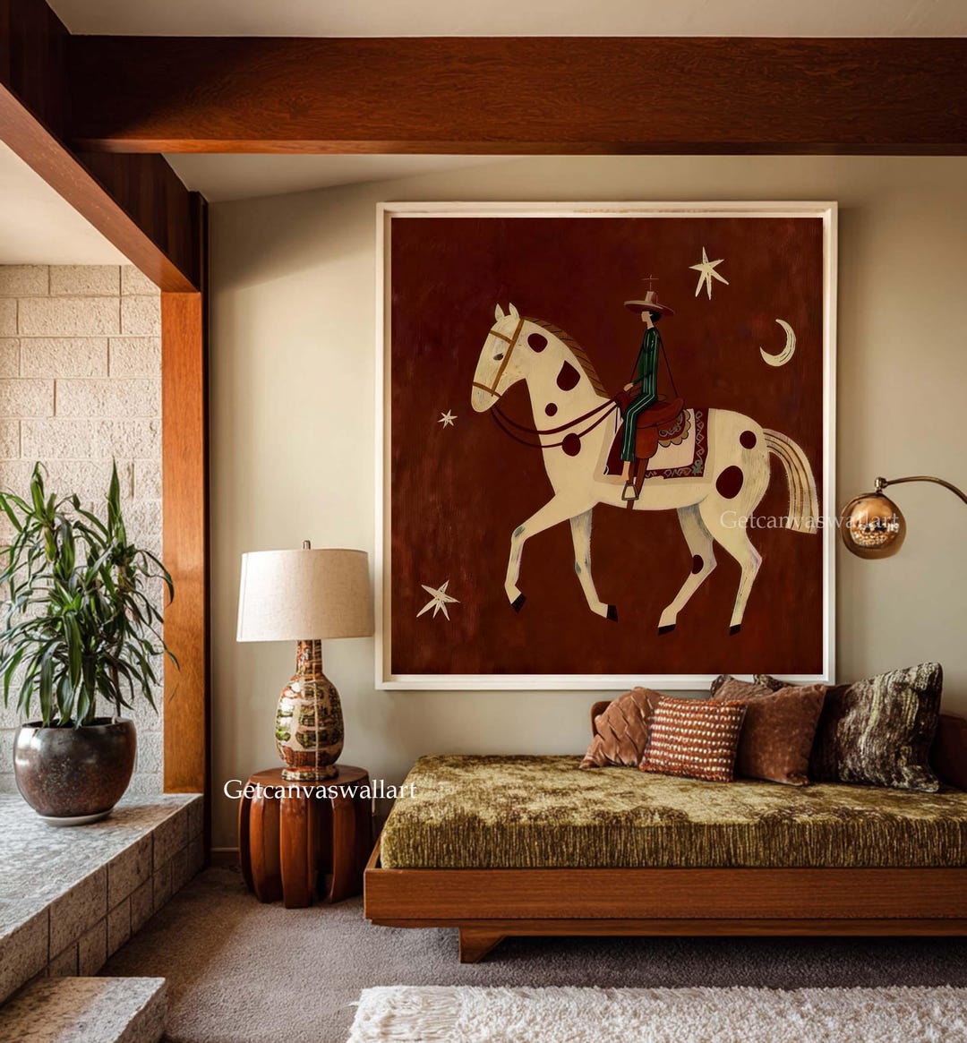 Vintage Western Rider Wall Art Cowboy Folk Art Mid Century Modern Horse ...