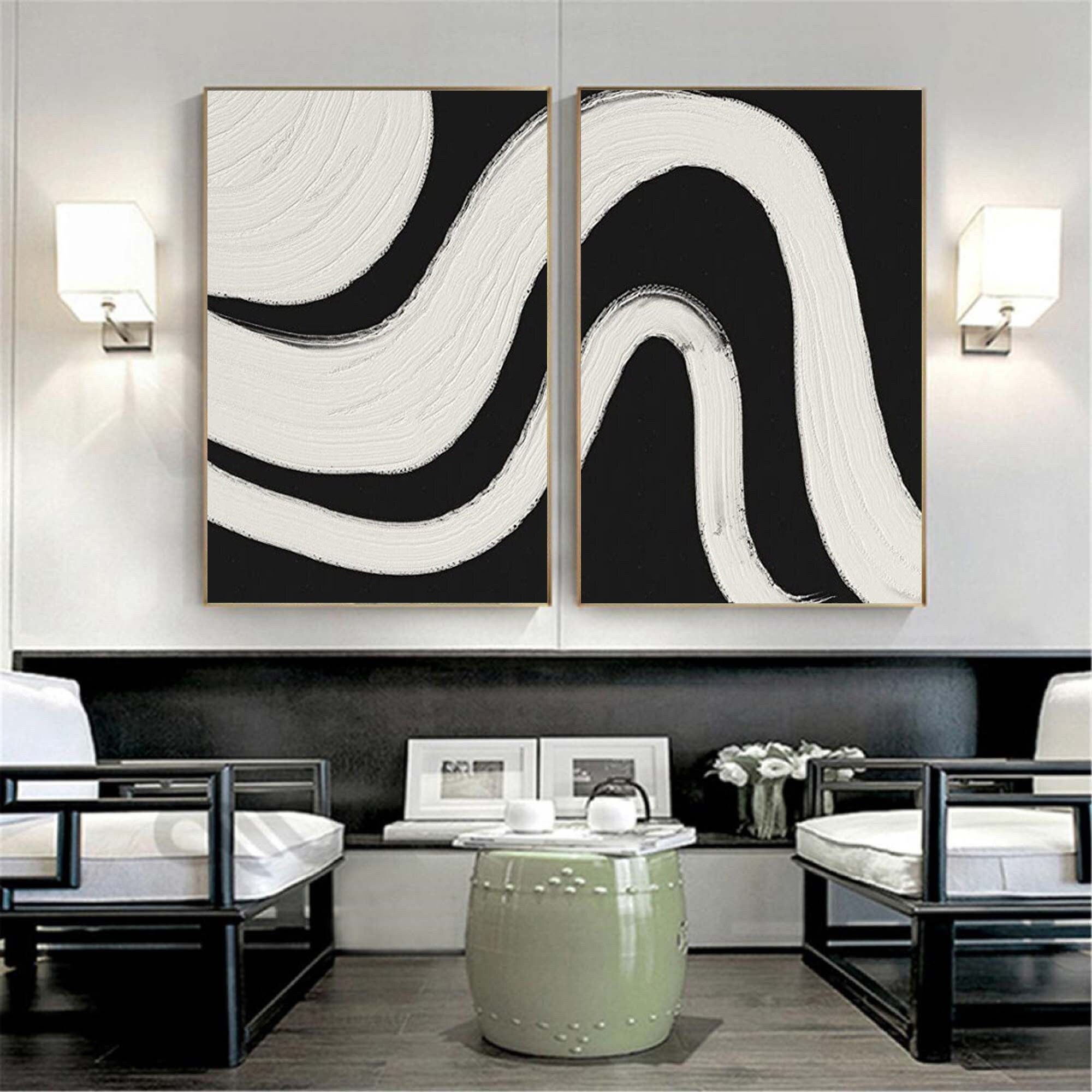 Black and White Minimalist Painting on Canvas Set of 2 Black - Etsy