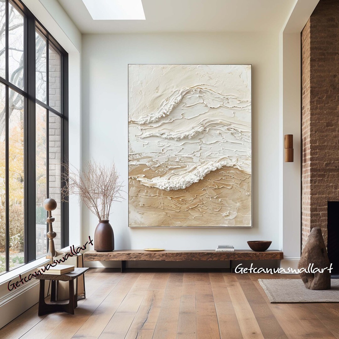 Ocean Waves Texture Abstract Painting Biege Texture Wall Art 3D White ...