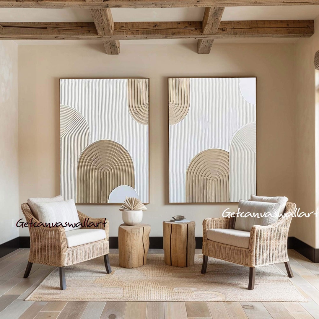 Beige Arch Wall Art Set of 2 Beige 3D Minimalist Texture Painting Beige ...