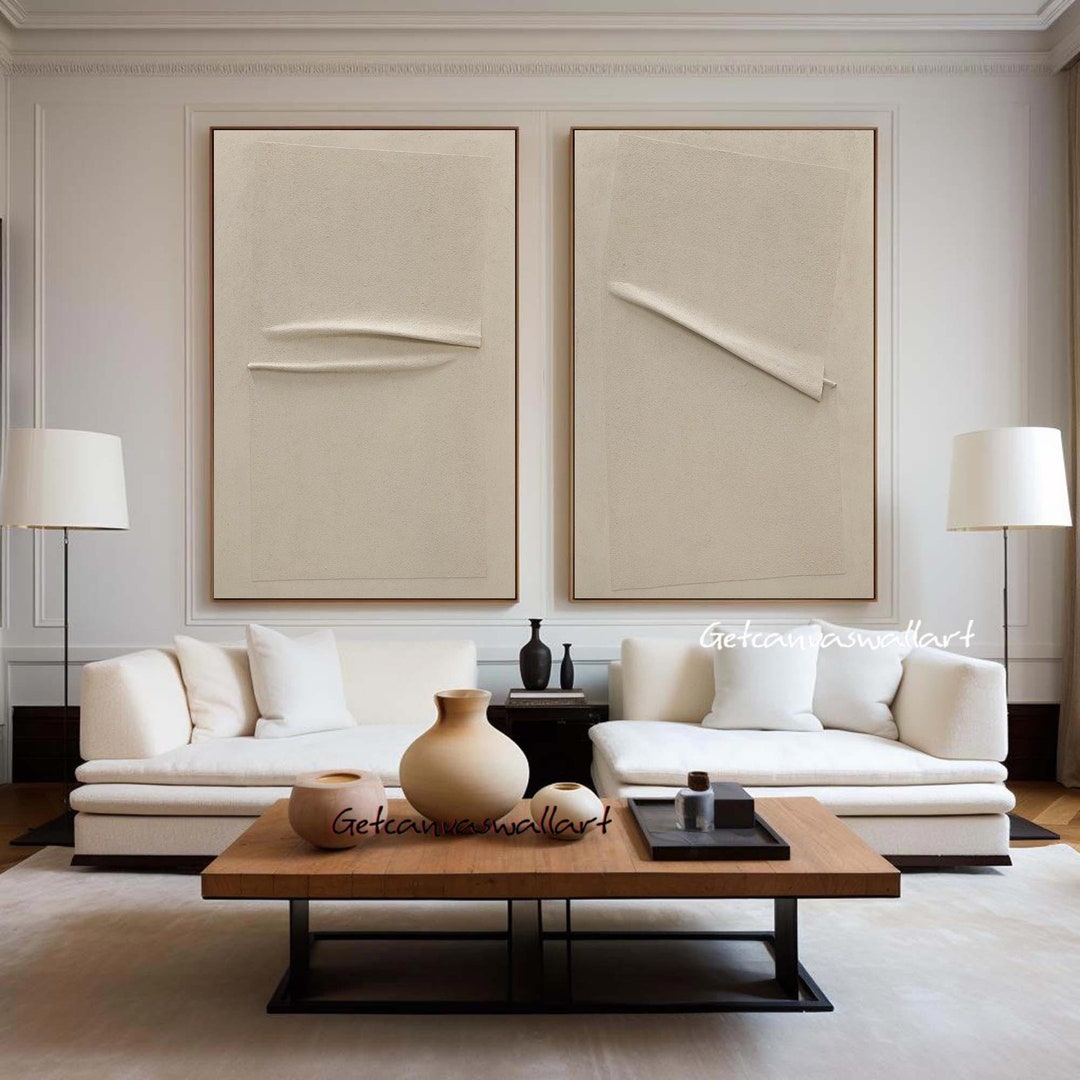 Beige Wabi Sabi Wall Art 3D Minimalist Painting on Canvas Pure Beige Plaster Wall Art Set of 2 ...