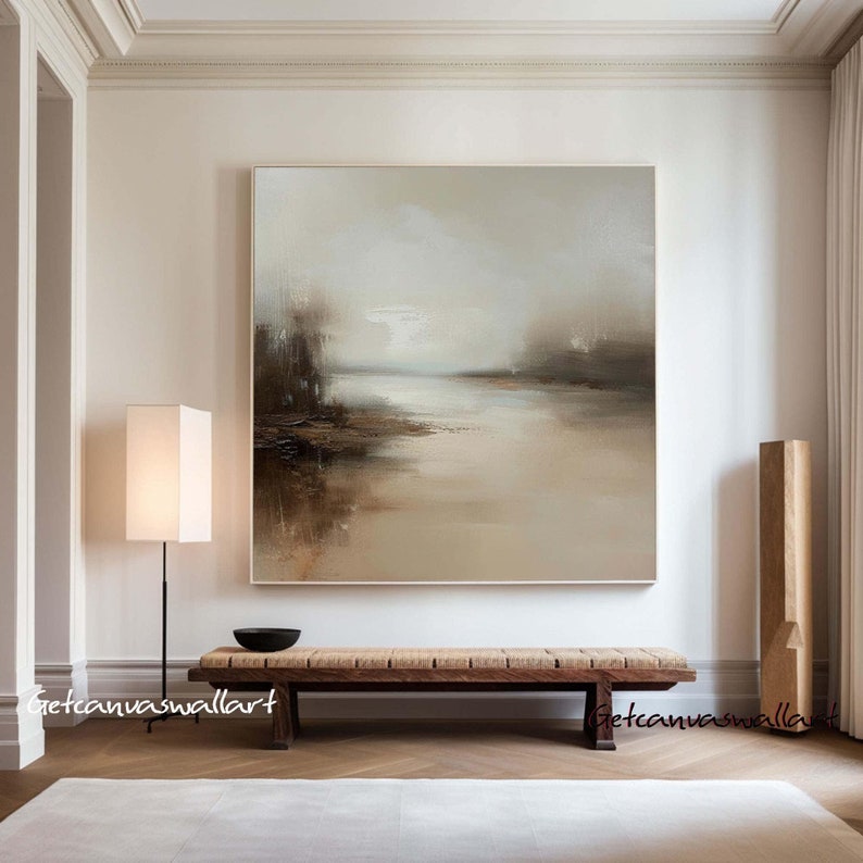 Abstract Lake Landscape Oil Painting Neutral Lake Canvas Art Vintage ...
