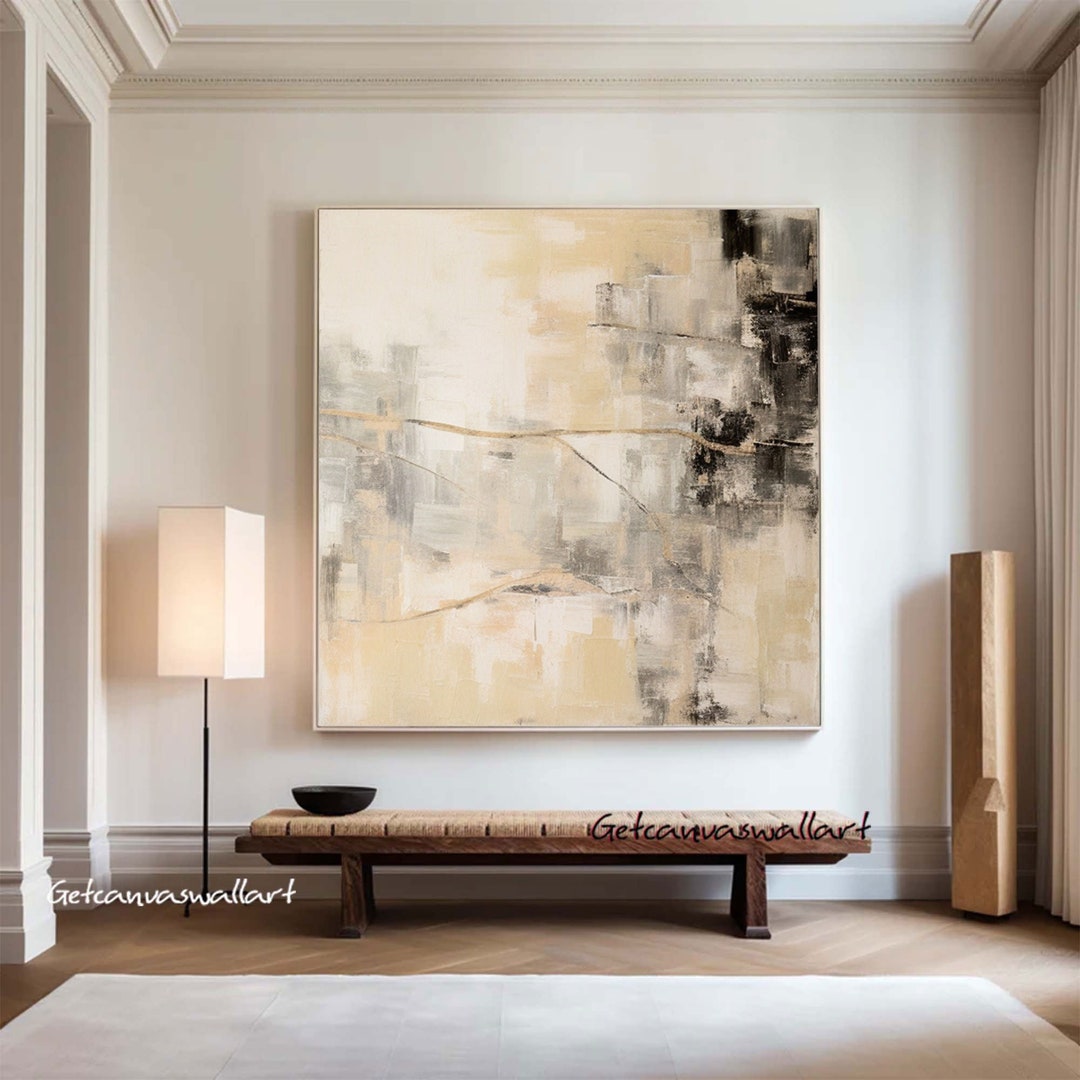 Beige and Black Abstract Wall Art Neutral Beige Texture Painting Large Beige Abstract Painting ...