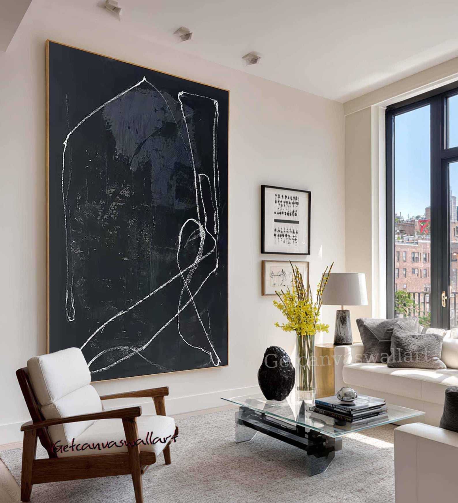 Large Black Abstract Line Oil Painting Textured Black and White Wall ...
