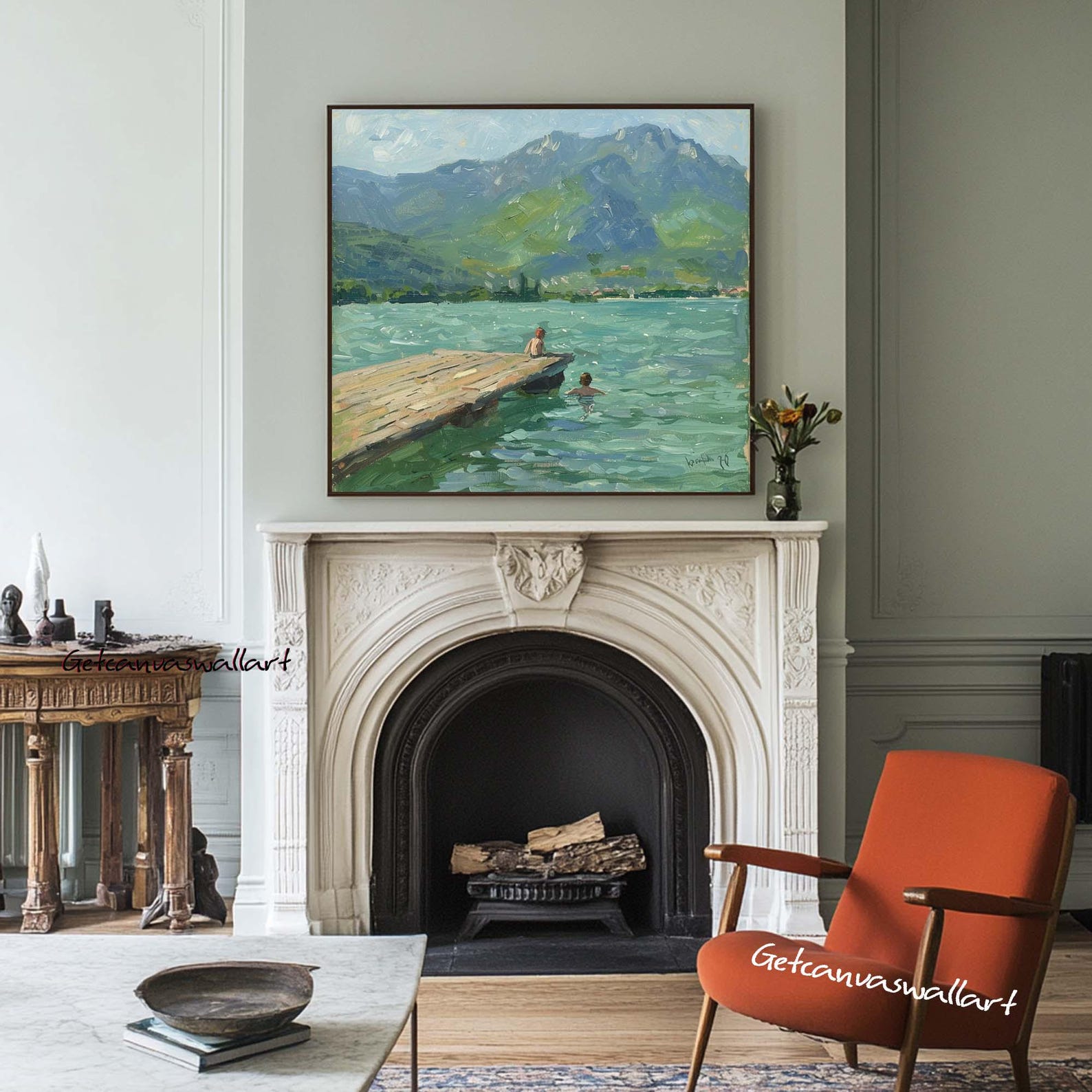Abstract Lake Landscape Oil Painting Kids Swimming on Dock Modern ...