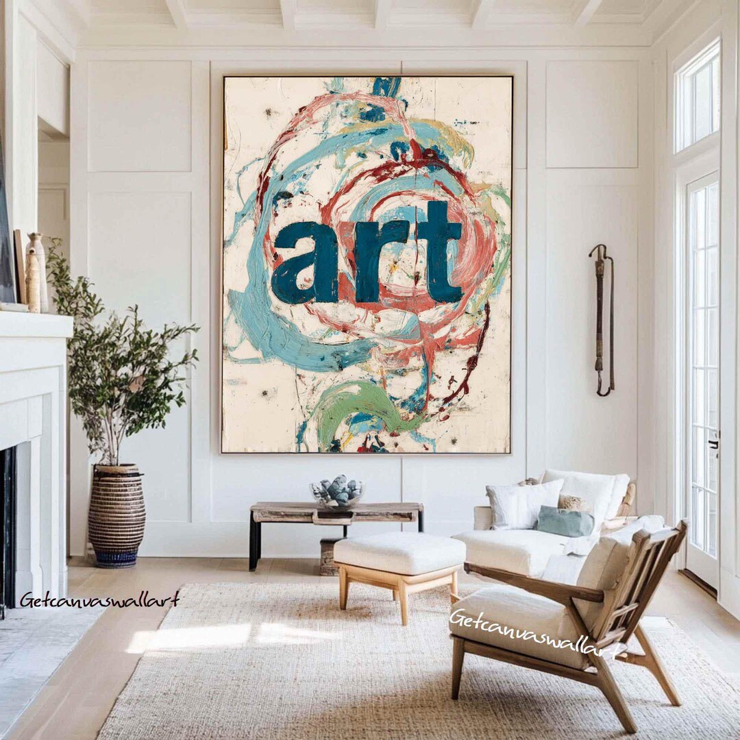 Large Abstract Word Art Graffiti Painting Large Beige Textured Wall Art ...