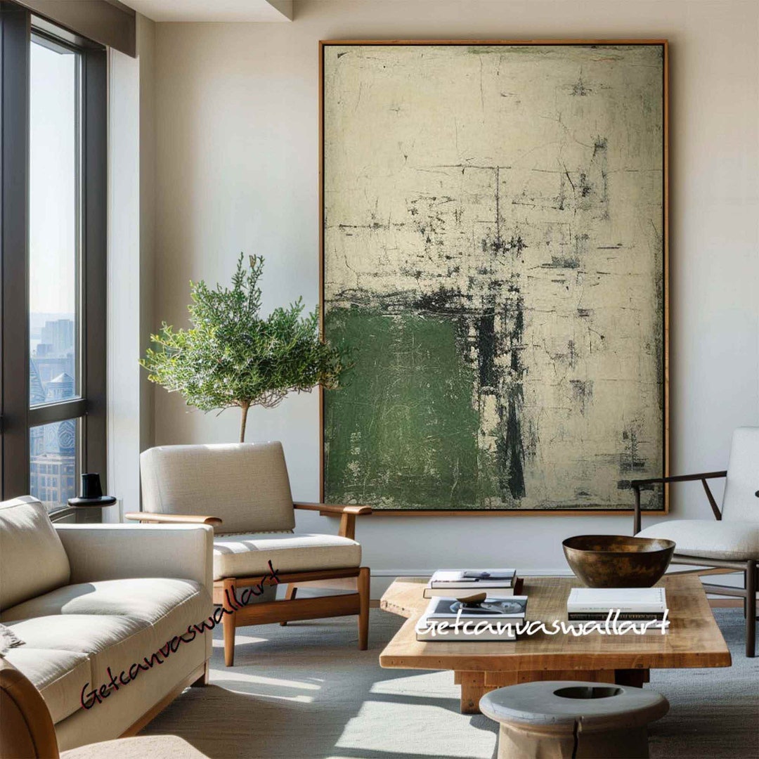 Green Beige Abstract Painting Wabi-sabi Wall Art Green Texture Canvas ...