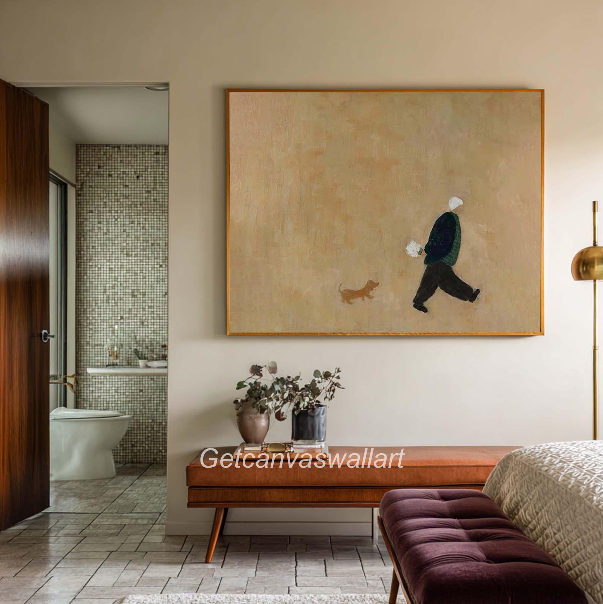 Abstract Papa & Puppy Oil Painting Larg Brown Wall Art Old Man Walking ...