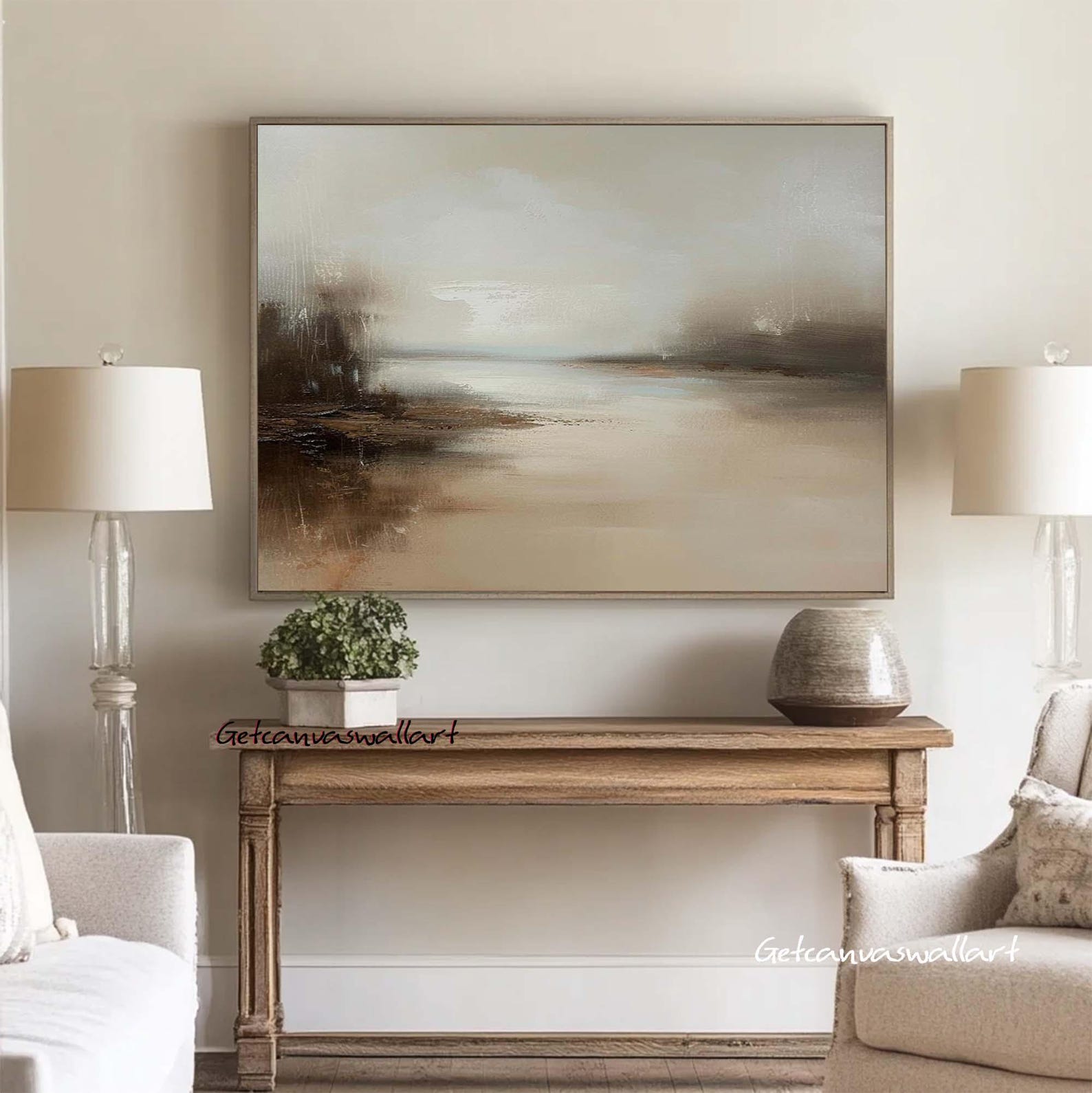 Abstract Lake Landscape Oil Painting Neutral Lake Canvas Art Vintage ...
