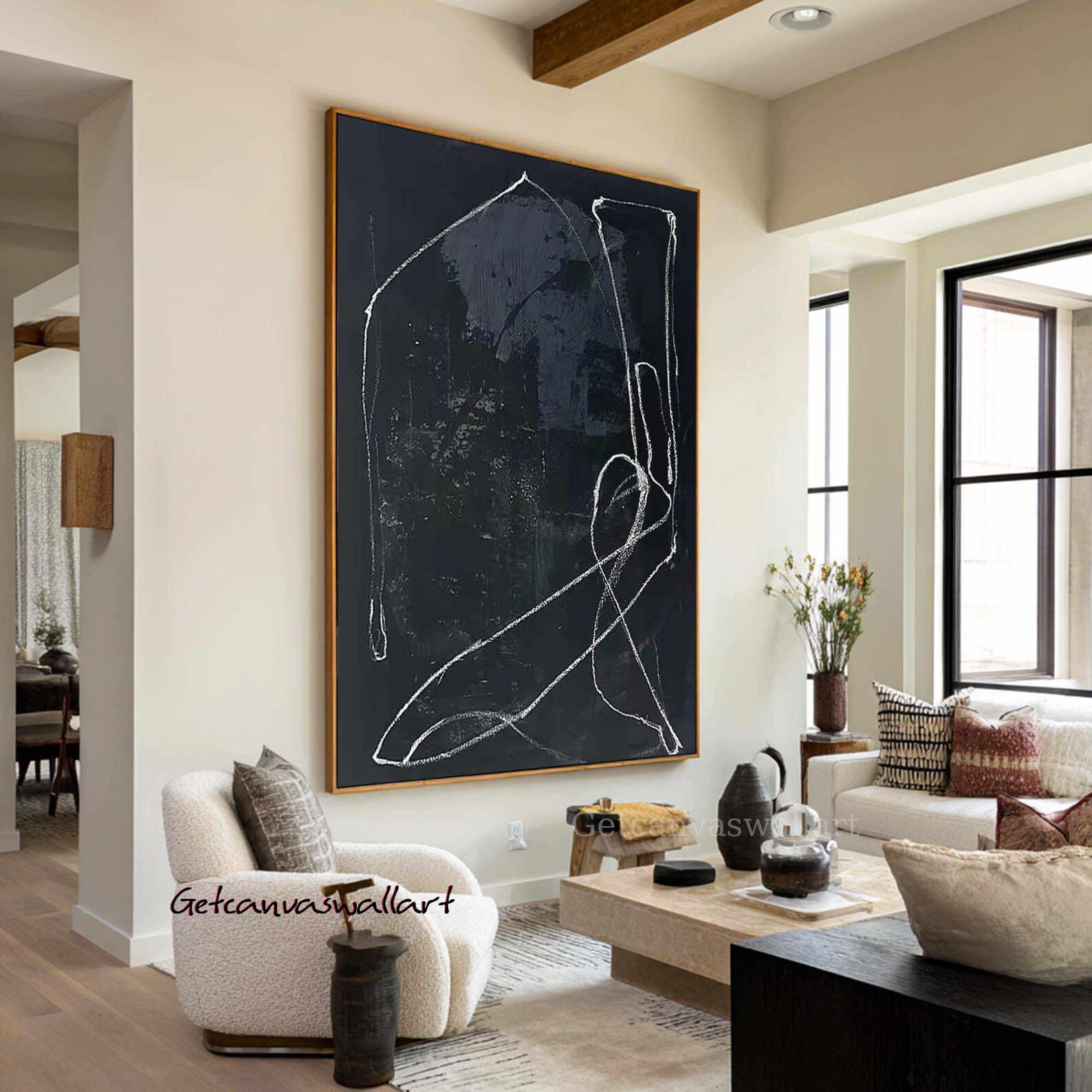 Large Black Abstract Line Oil Painting Textured Black and White Wall ...