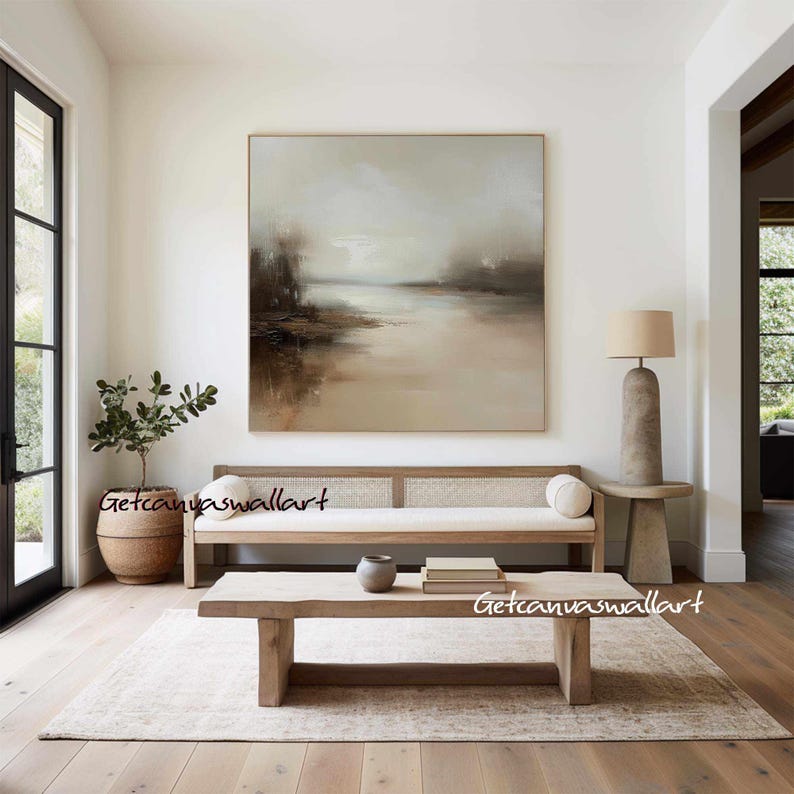 Abstract Lake Landscape Oil Painting Neutral Lake Canvas Art Vintage ...