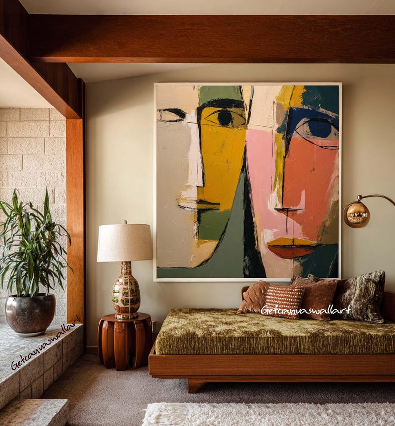 Textured Abstract Portrait Painting Vintage Colorful Faces Art Large ...