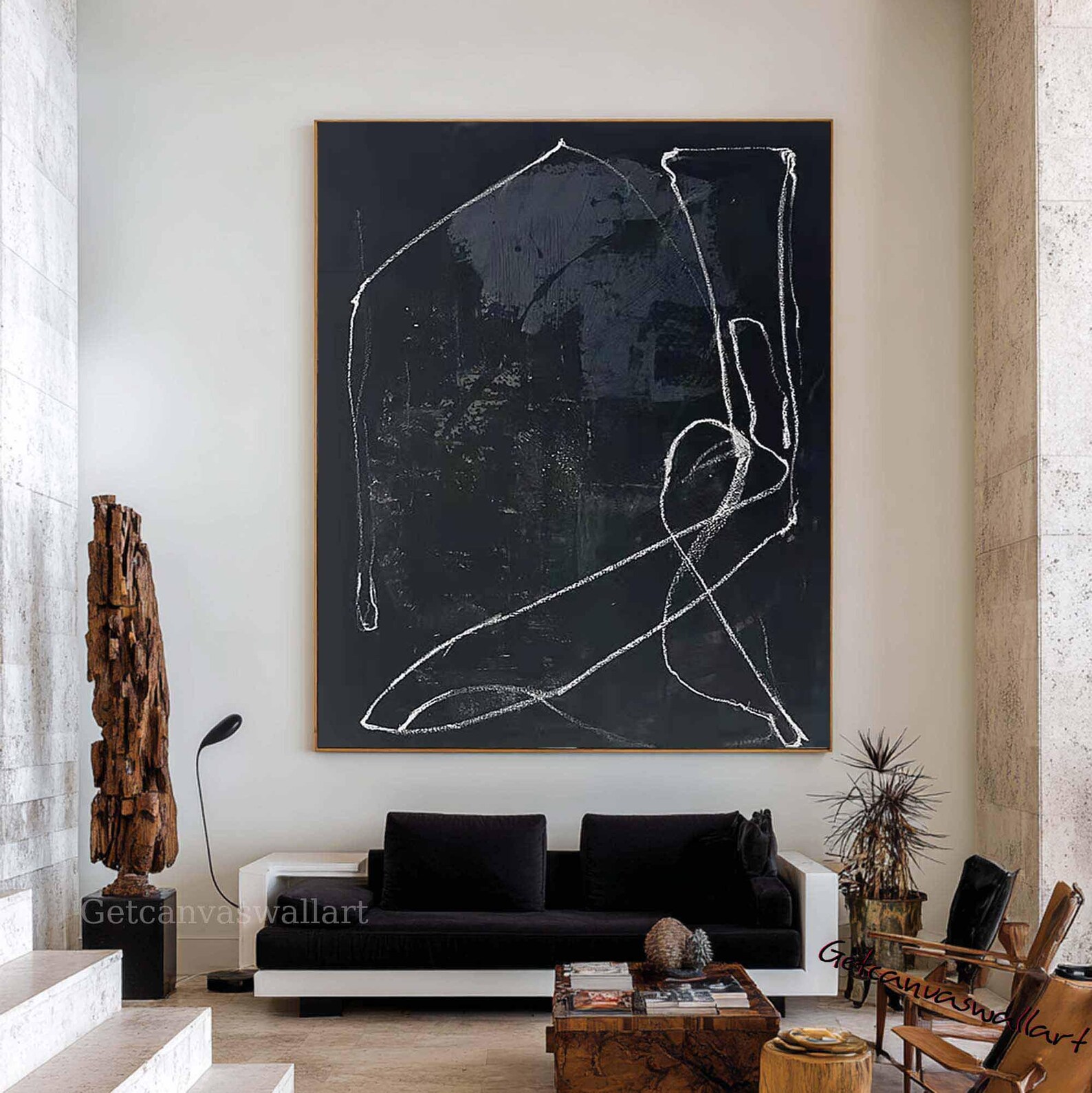 Large Black Abstract Line Oil Painting Textured Black and White Wall ...