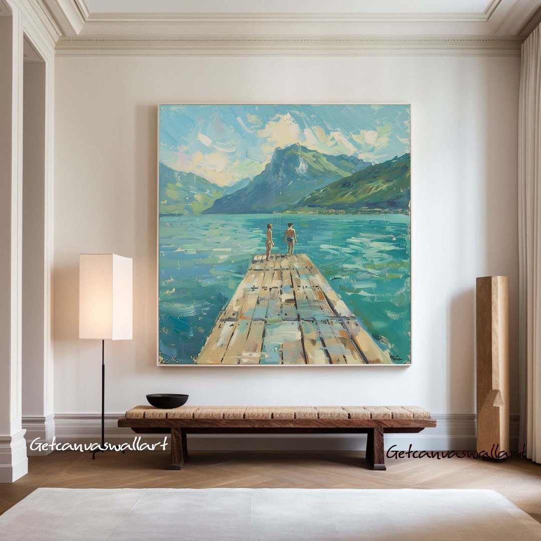 Abstract Lake Landscape Oil Painting Large Green Textured Wall Art ...