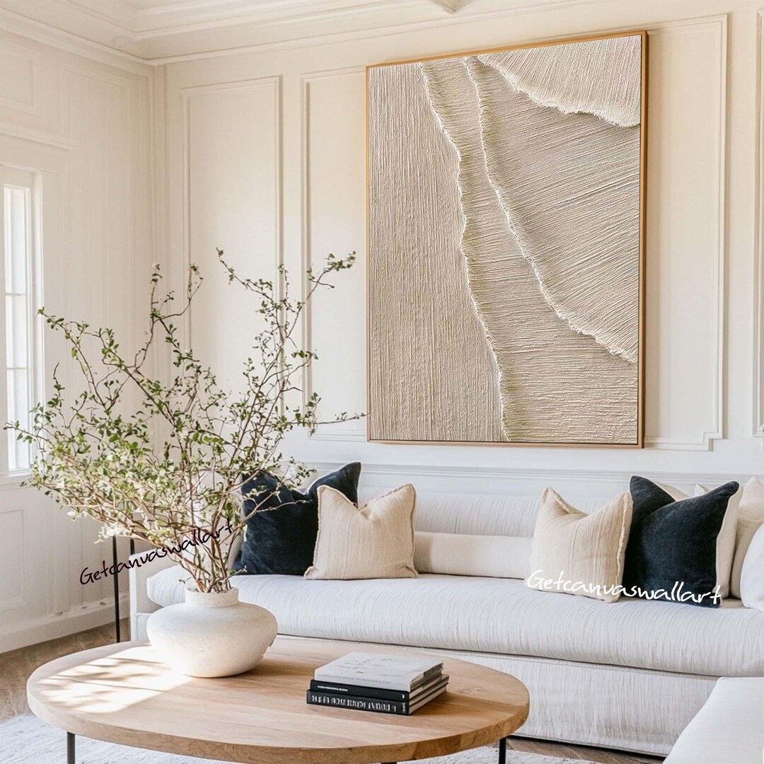Large Beige Plaster Wall Art Beige Abstract Wave Painting Beige 3D ...