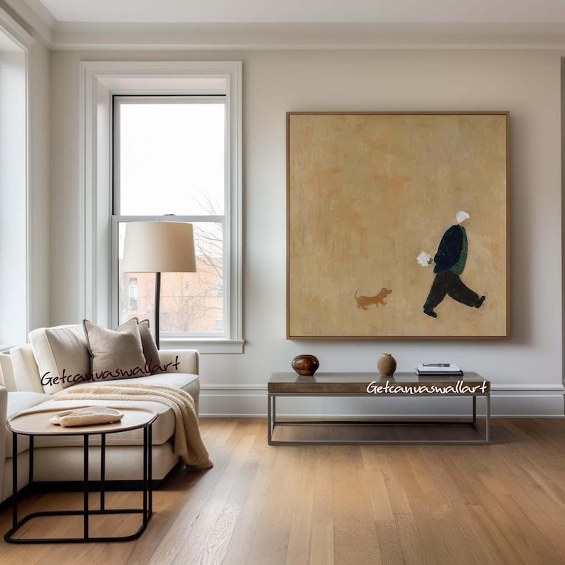 Abstract Papa & Puppy Oil Painting Larg Brown Textured Wall Art Neutral ...
