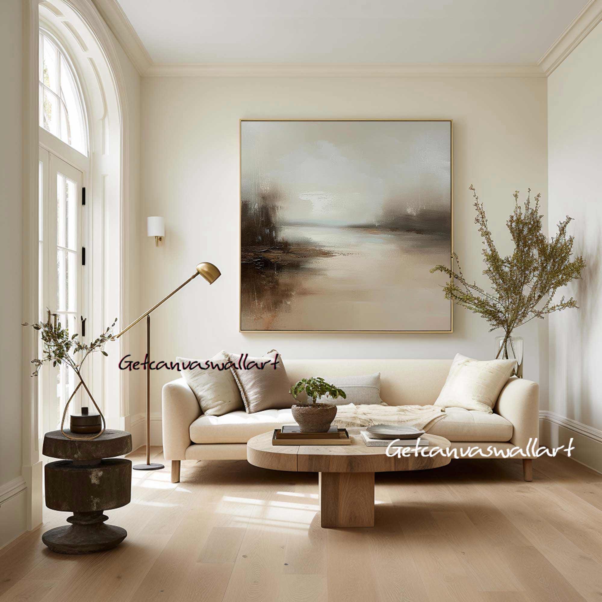 Abstract Lake Landscape Oil Painting Neutral Lake Canvas Art Vintage ...