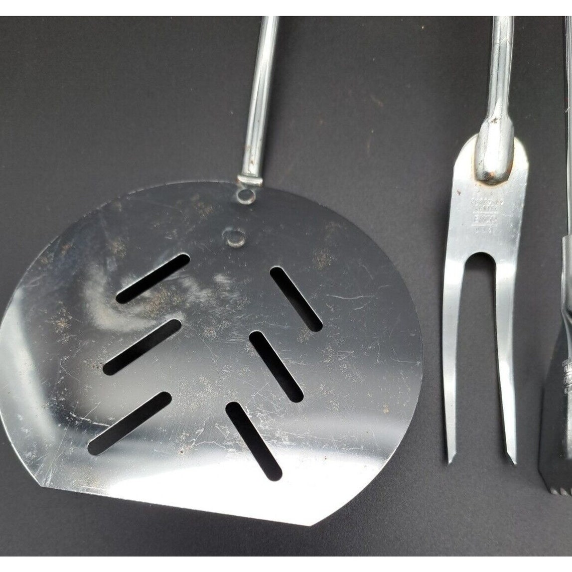 Vintage Yellow Ekco BBQ Utensils Tools Spatula Fork Tongs Chromium ...