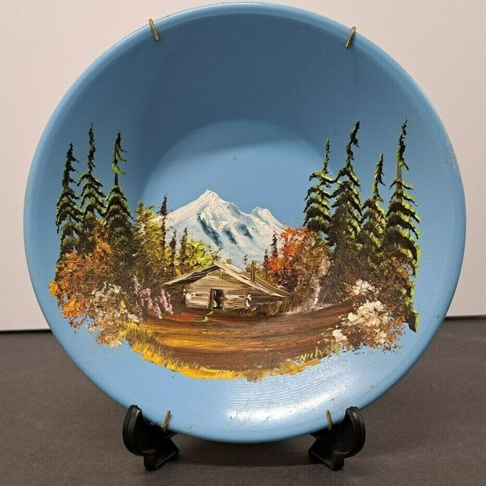 Vtg Hand Painted Rustic Alaska Mountian Cabin Pine Tree Scenes Signed ...