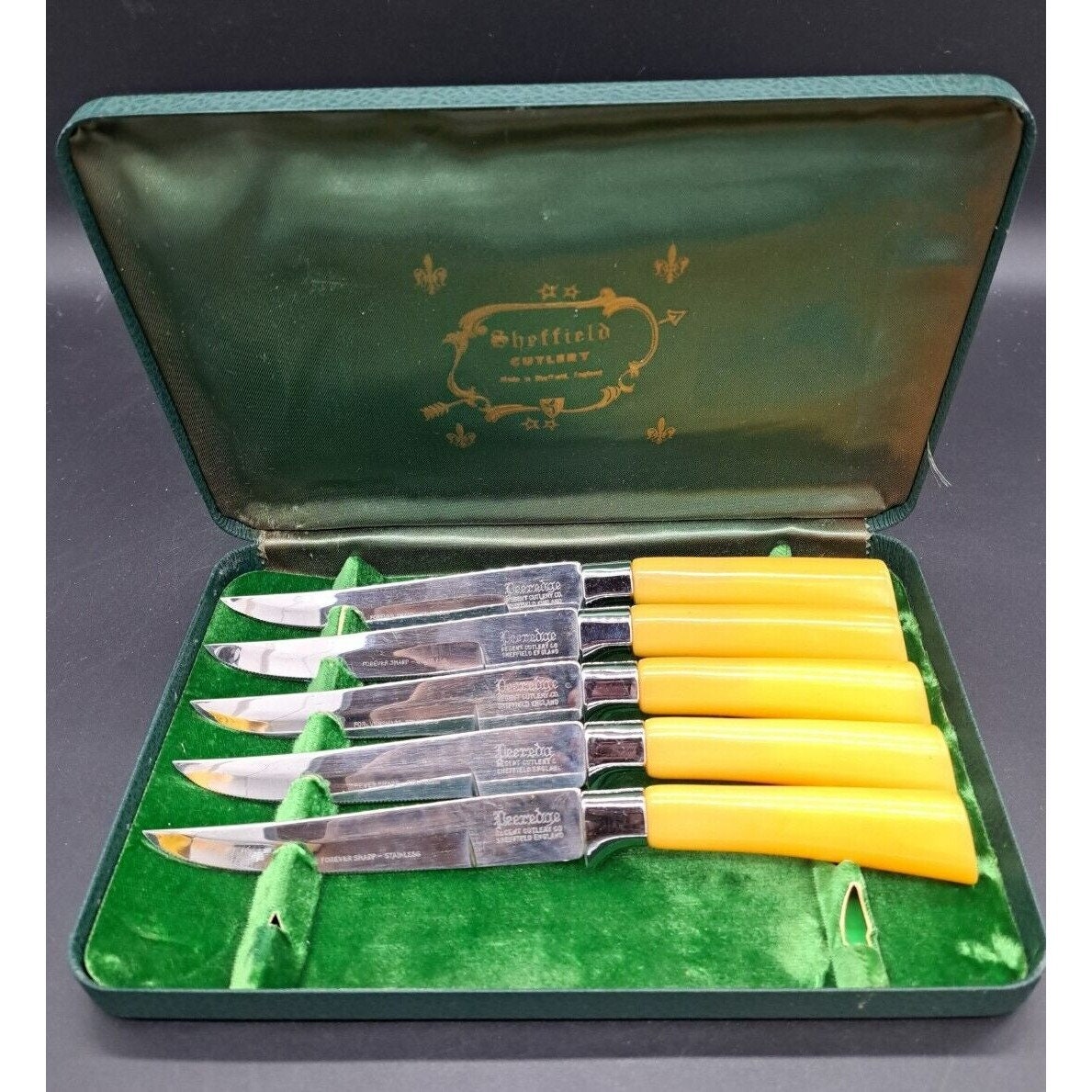 5 Yellow Bakelite Steak Knives Peeredge Sheffield England Forever Sharp ...