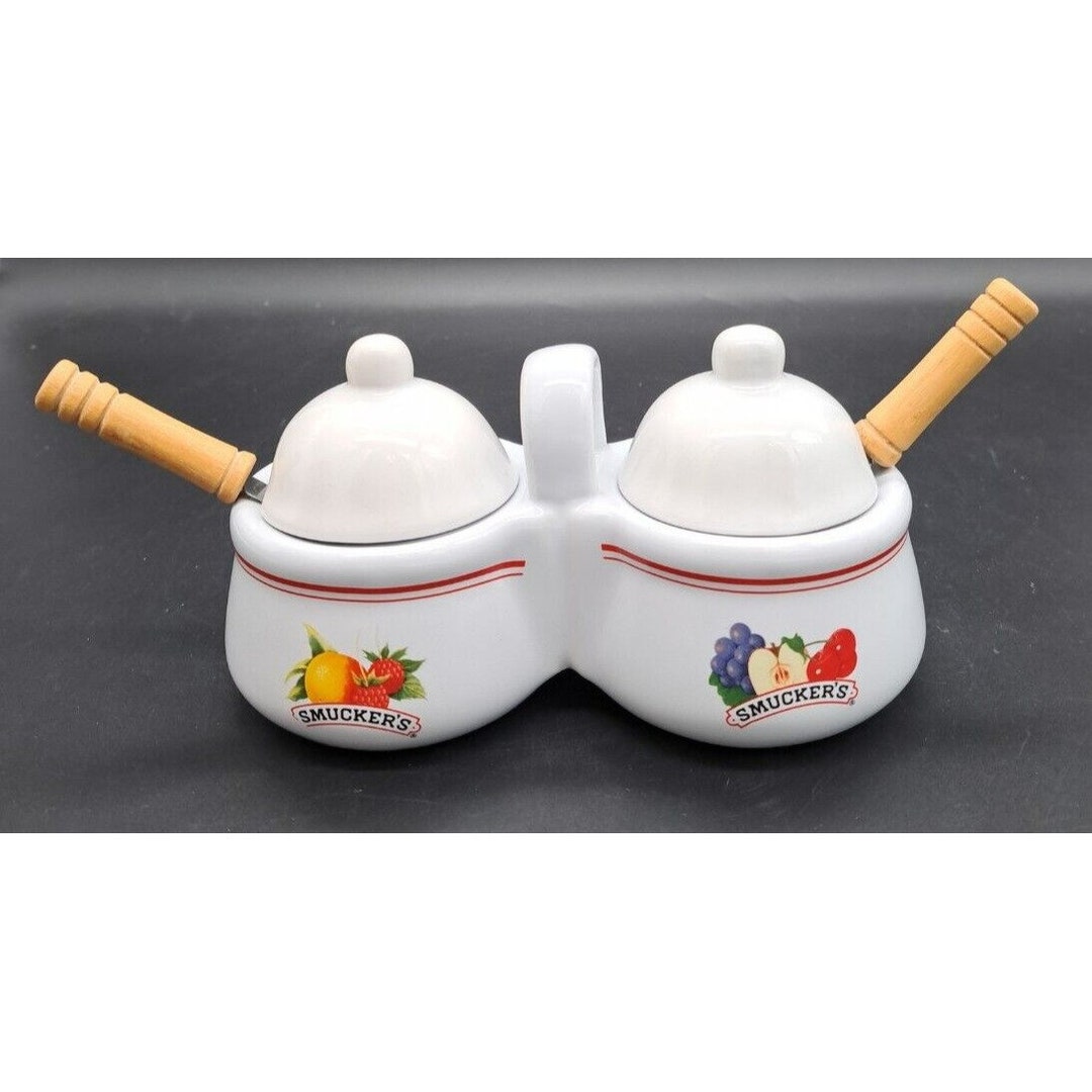 Vintage J. M. SMUCKERS Co. Double JAM/JELLY Jars W/2 Serving Spoons ...
