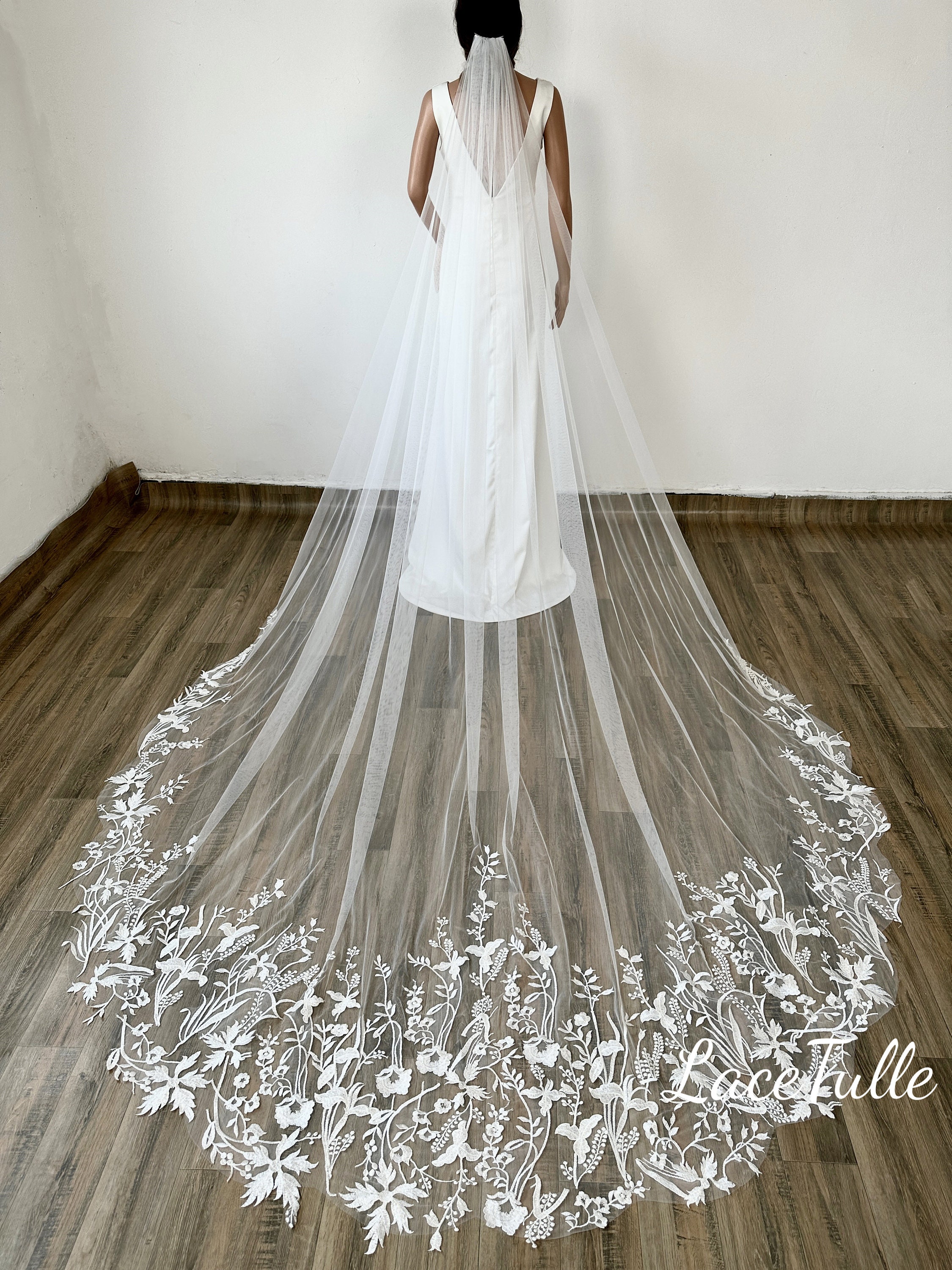 Floral Edge Lace Veil,flower Lace Wedding Veil,ivory Veil,long Lace ...