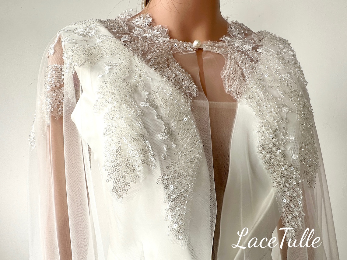 Bridal Sequin Cape|pearl Button Cape Veil|wedding Cape|bride Cover Up ...