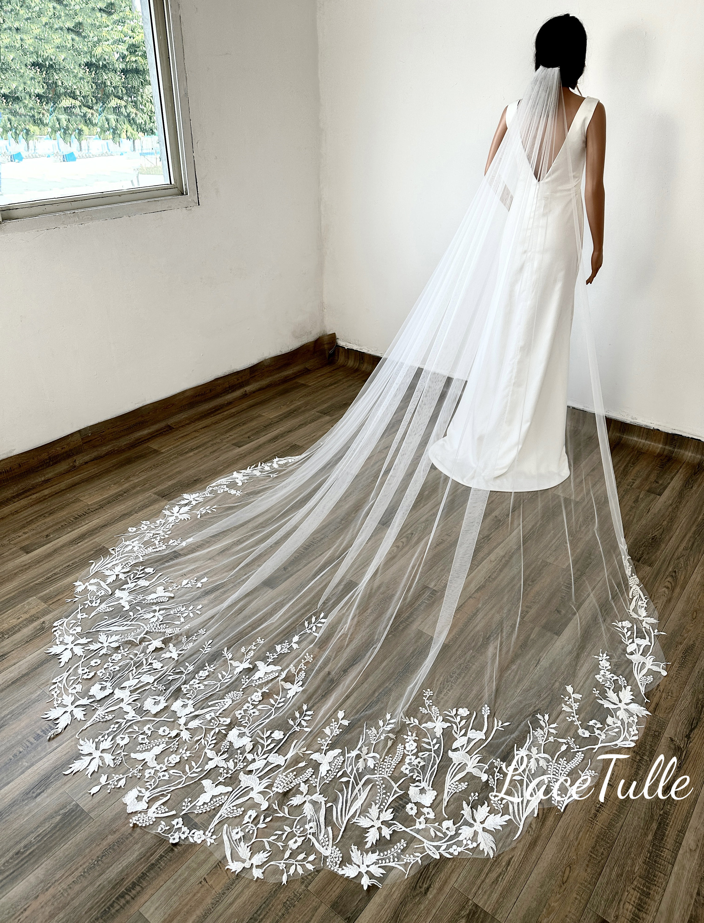 Floral Edge Lace Veil,flower Lace Wedding Veil,ivory Veil,long Lace ...
