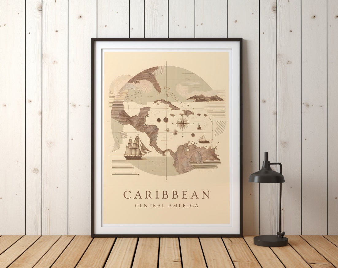 Caribbean Map Print Digital, Central America Poster, Caribbean Islands ...