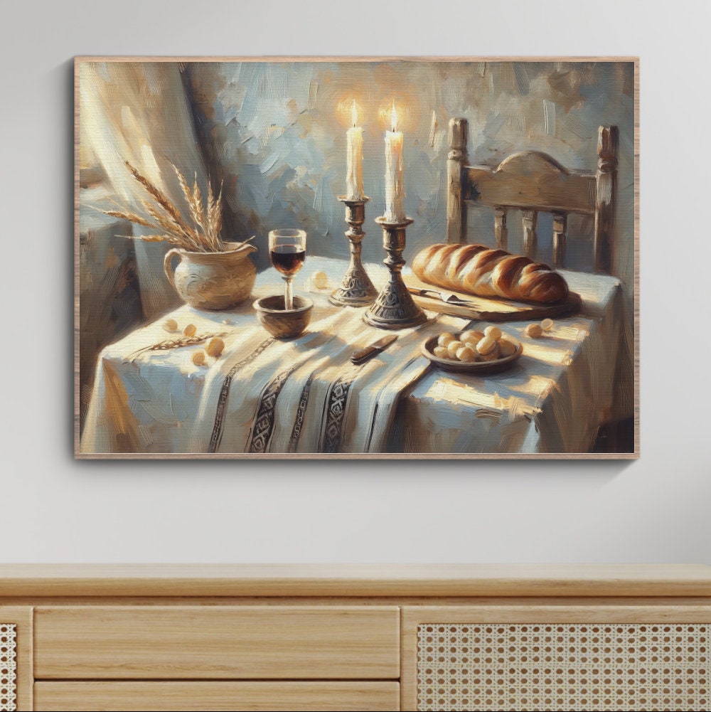 Shabbat Table Painting Digital Download, Judaica Wall Art Home Decor ...