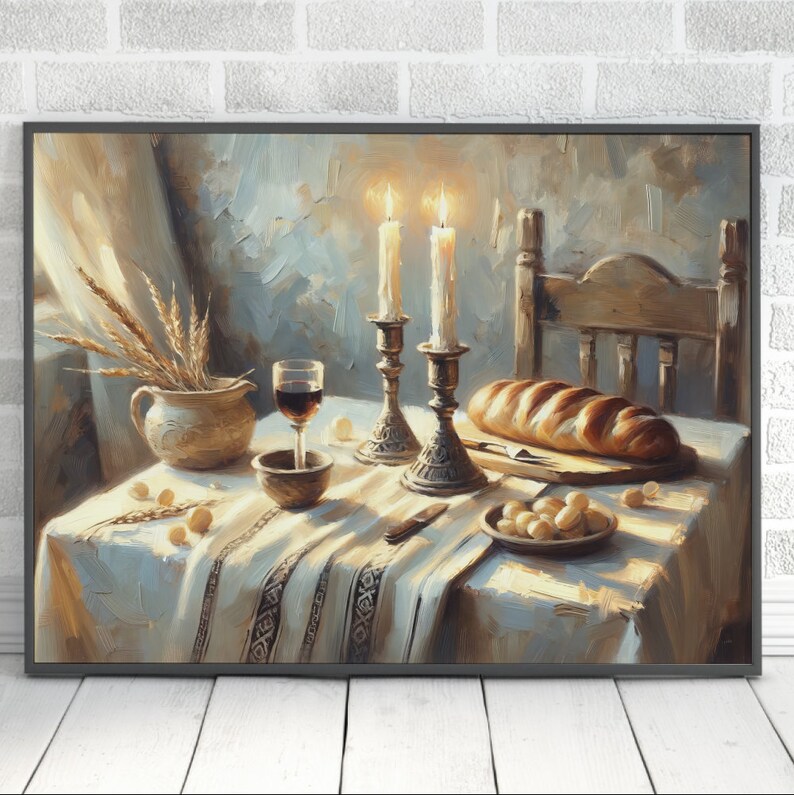 Shabbat Table Painting Digital Download, Judaica Wall Art Home Decor ...