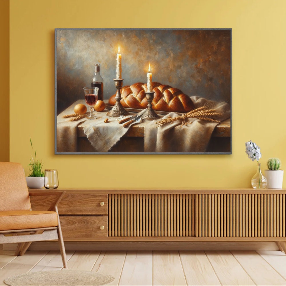 Shabbat Table Painting Digital Download, Judaica Wall Art Home Decor ...