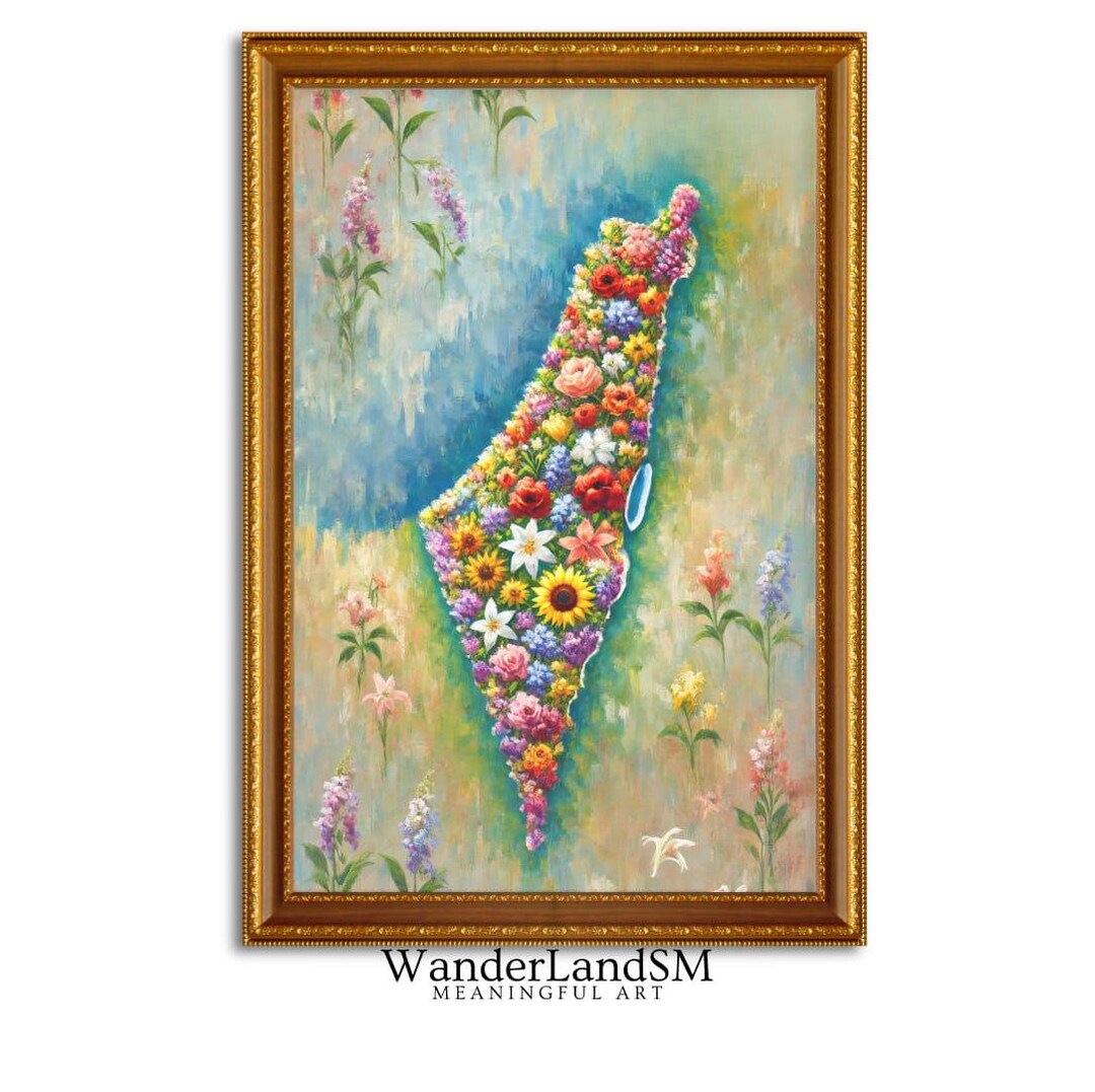 Floral Israel Painting Digital Download, Israel Map Art Modern Jewish ...