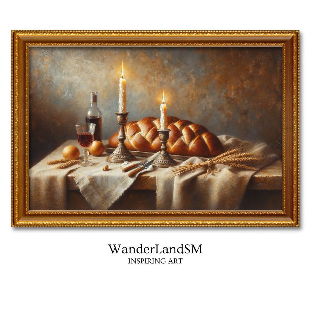 Shabbat Table Painting Digital Download, Judaica Wall Art Home Decor ...