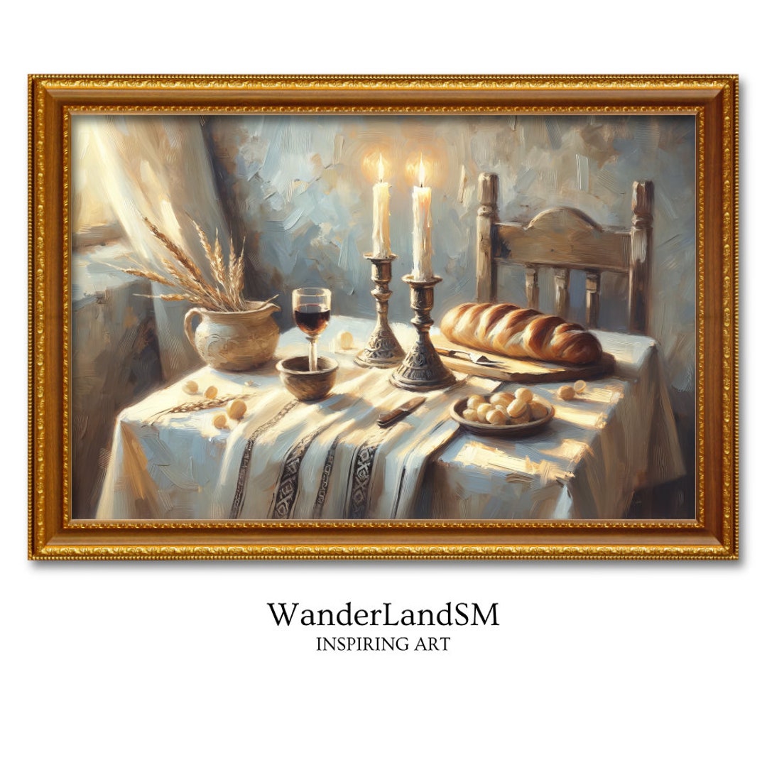 Shabbat Table Painting Digital Download, Judaica Wall Art Home Decor ...