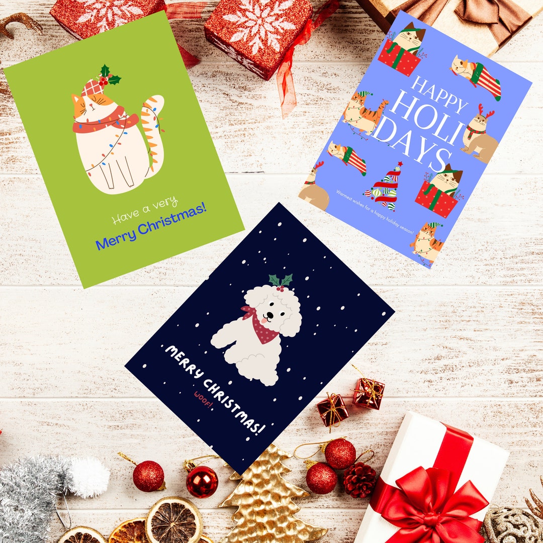 Animal Christmas Cards: Cat, Dog, Rabbit Holiday Greetings (digital ...