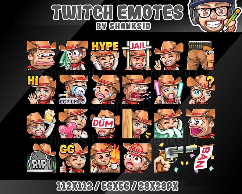 24 Cowboy Man Twitch Emotes Pack, Twitch and Discord Set, PNG Files ...