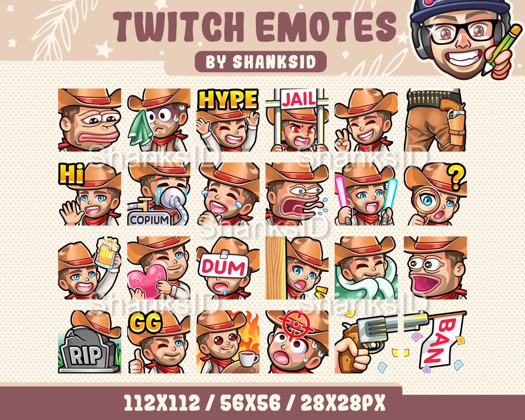 24 Cowboy Man Twitch Emotes Pack, Twitch and Discord Set, PNG Files ...