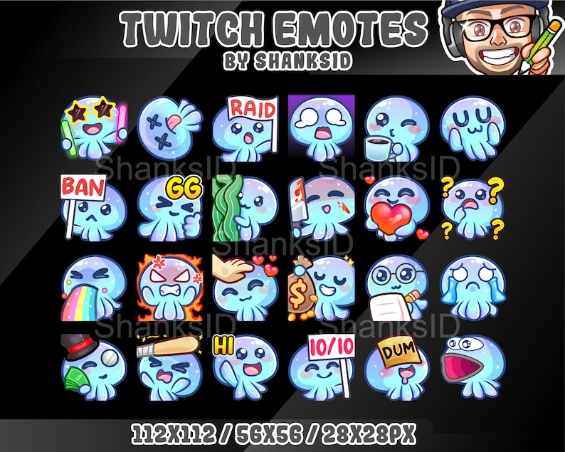 24 Jellyfish Twitch Emotes Pack, Twitch and Discord Set, Cute Jellyfish ...