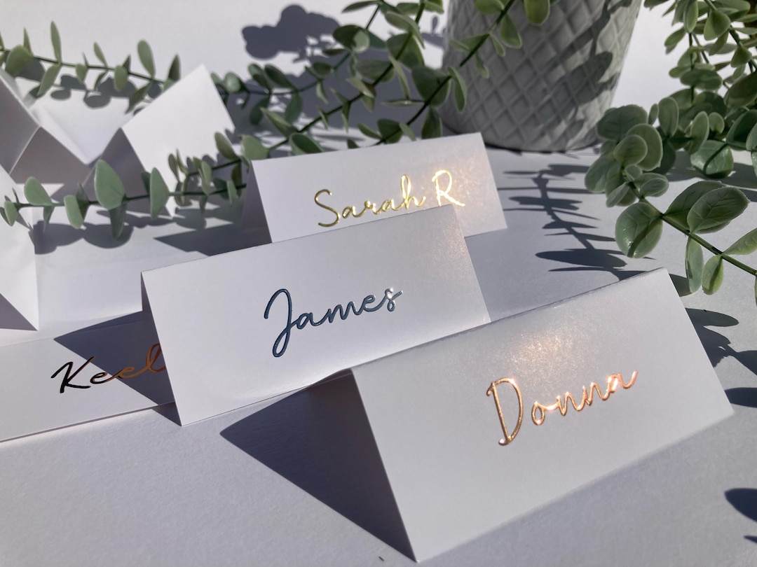 Personalised Raised Foiled Wedding or Party Name Place Cards | Gold ...