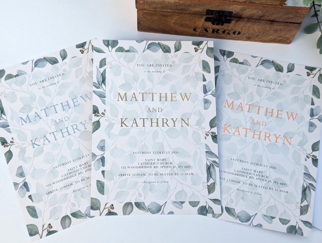 Raised Foil Wedding or Party Invitations | Eucalyptus | Gold Silver ...